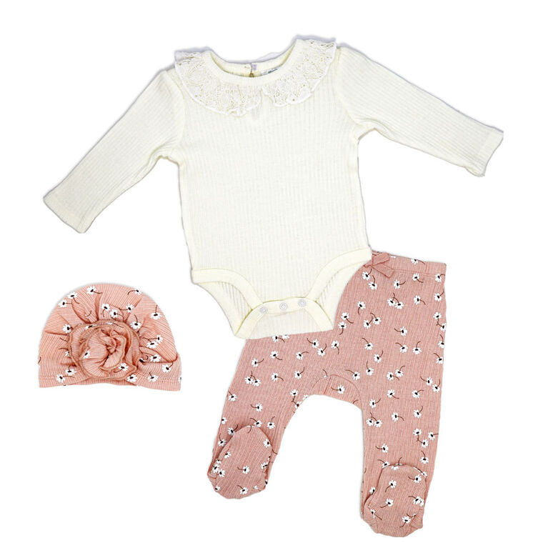 Baby Mode Pink Ribbed Bodysuit, Printed footed pants and Hat | Babies R ...