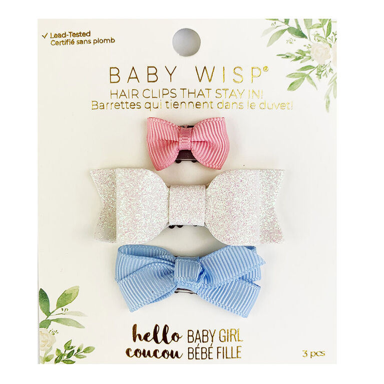 Baby Wisp - Mini Latch Bow - 3 Pack Bows - Pink, White Glitter, Blue ...