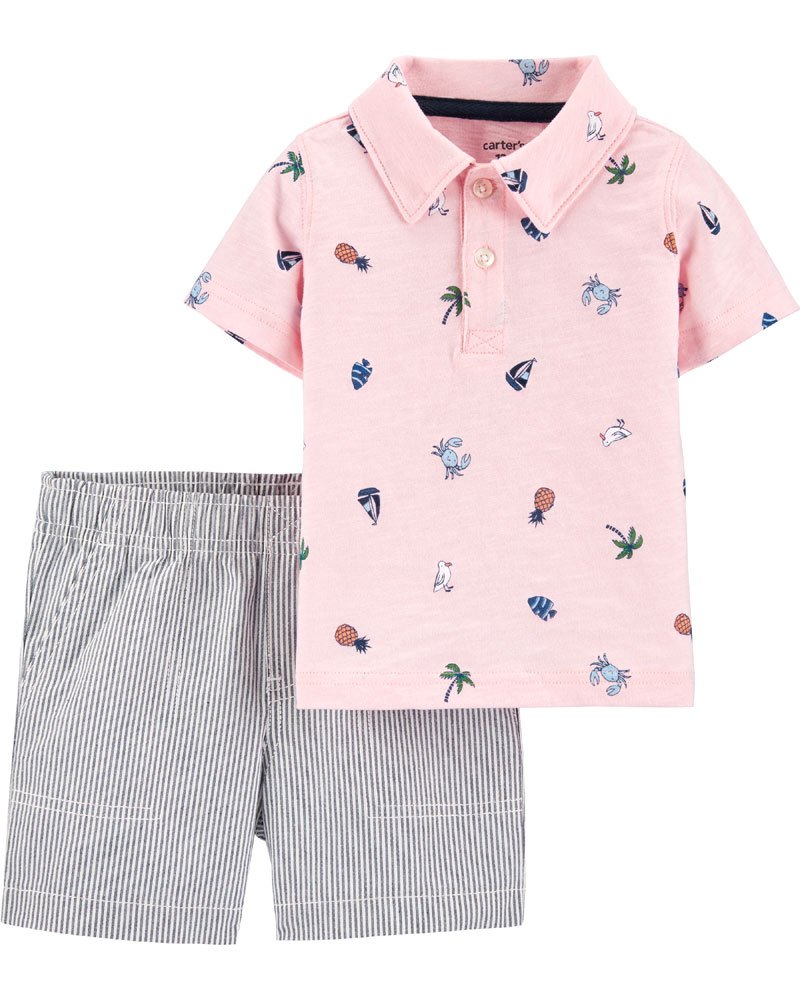 Carter's 2-Piece Beach Polo & Striped Short Set - Pink/Blue, 12 Months ...